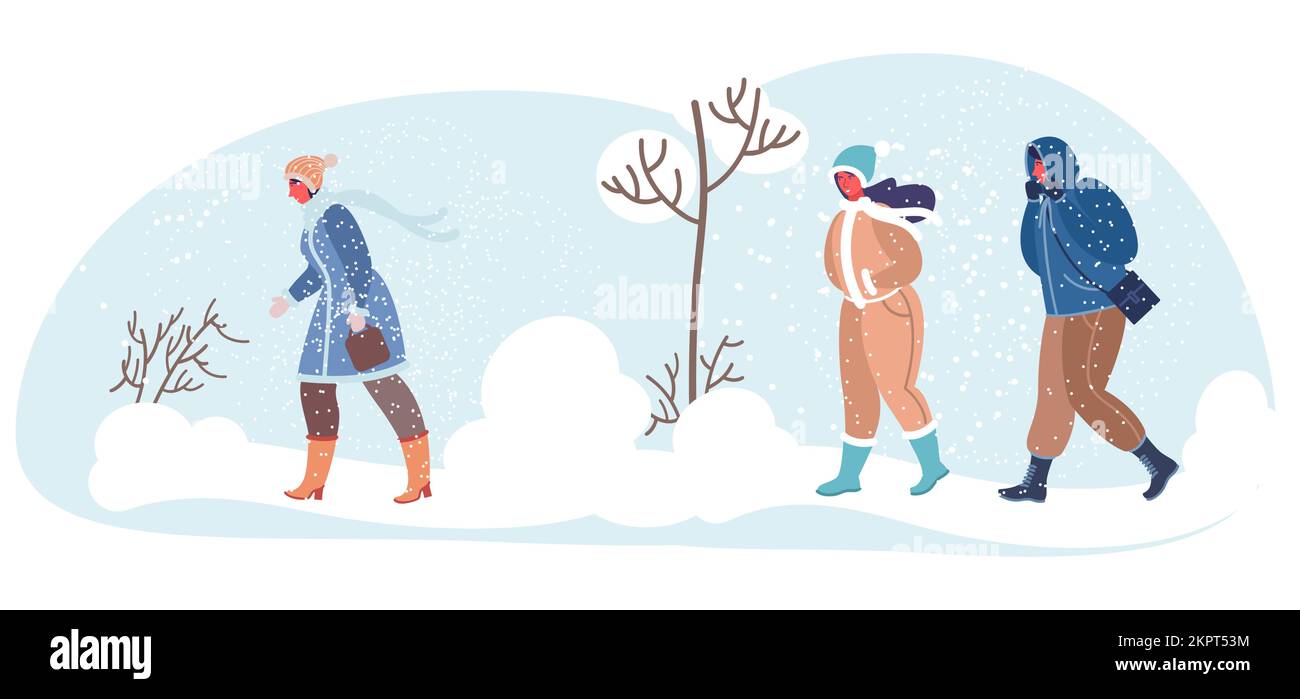 People in warm seasonal outwear walking in winter park vector. Cold ...