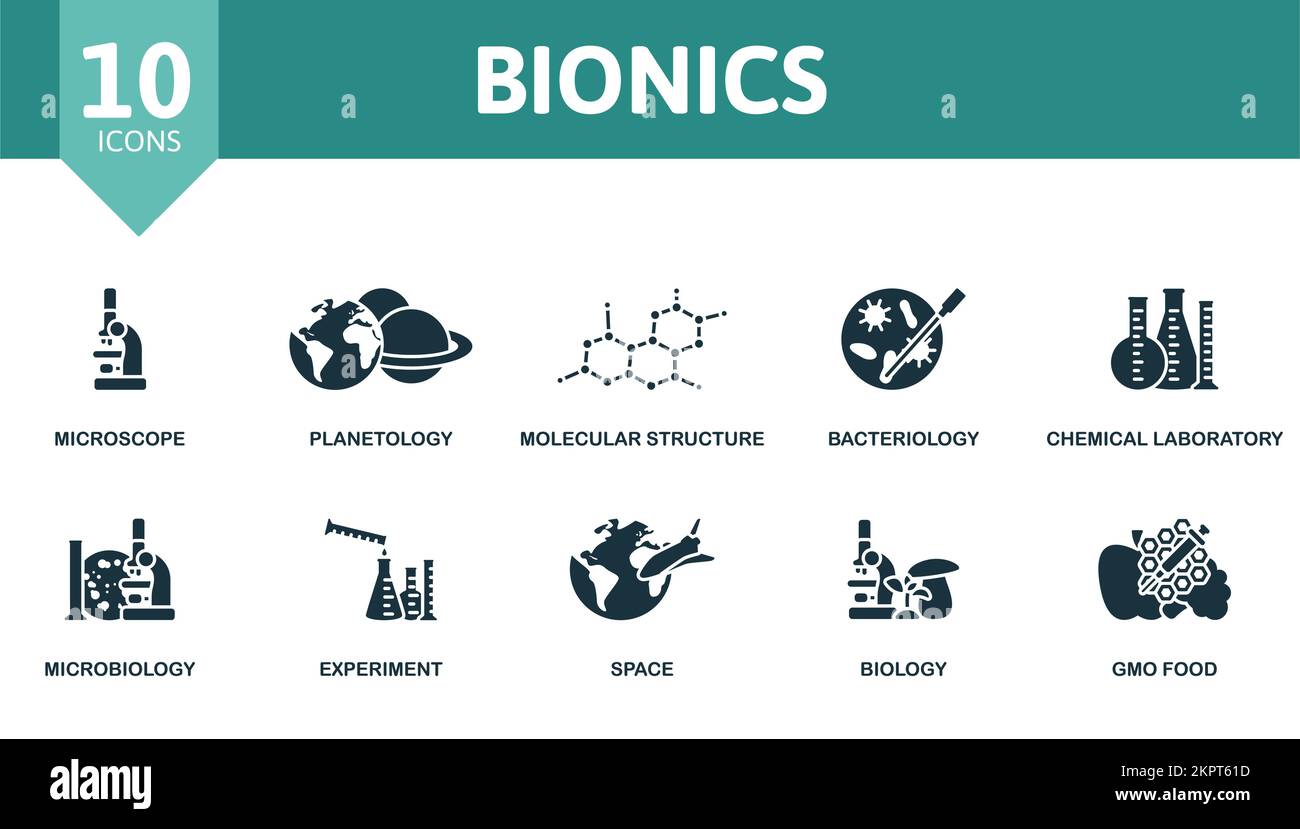 Bionics icon set. Monochrome simple Bionics icon collection. Microscope ...