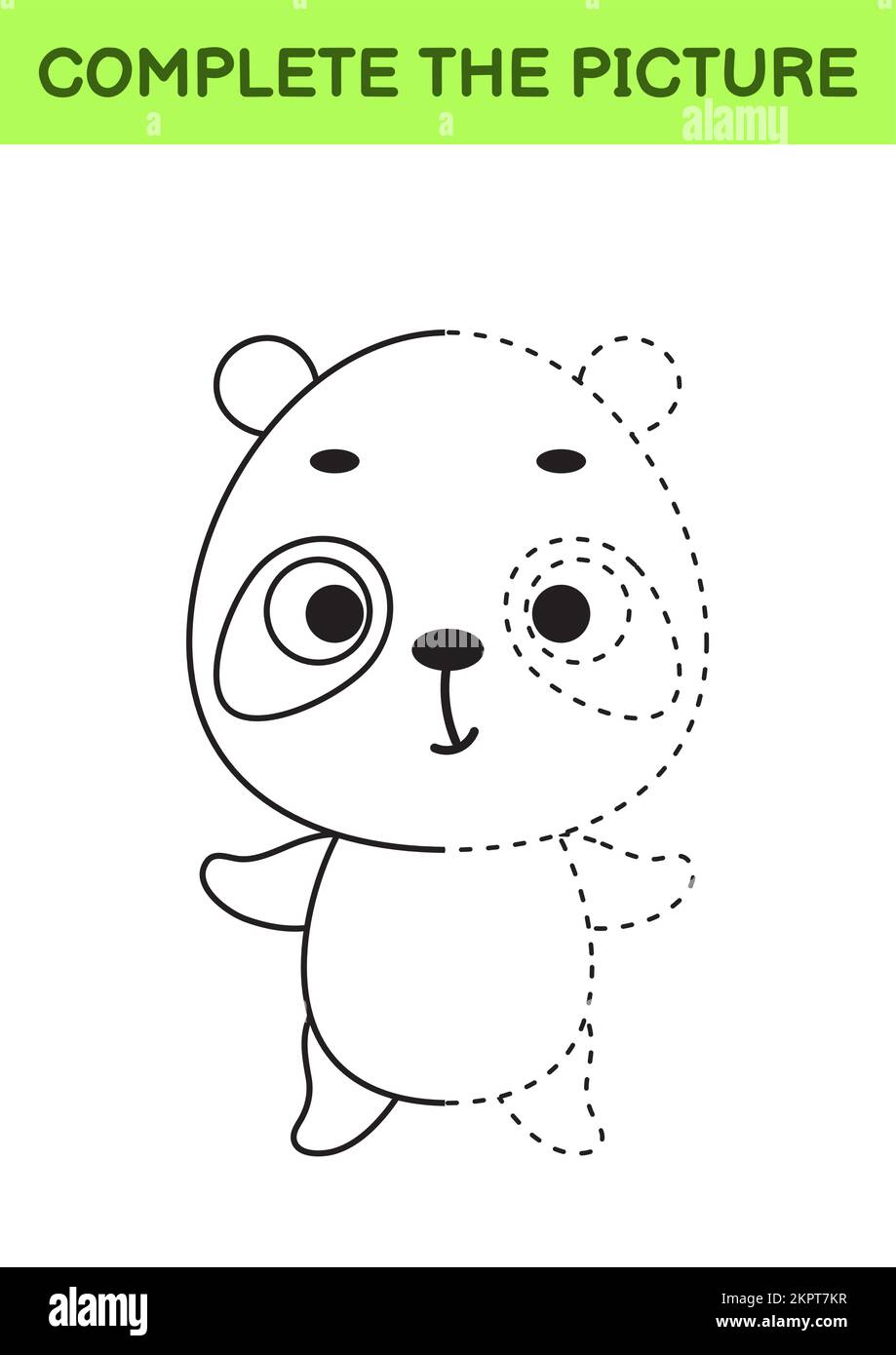 Complete drawn picture of cute panda. Coloring book. Dot copy game ...