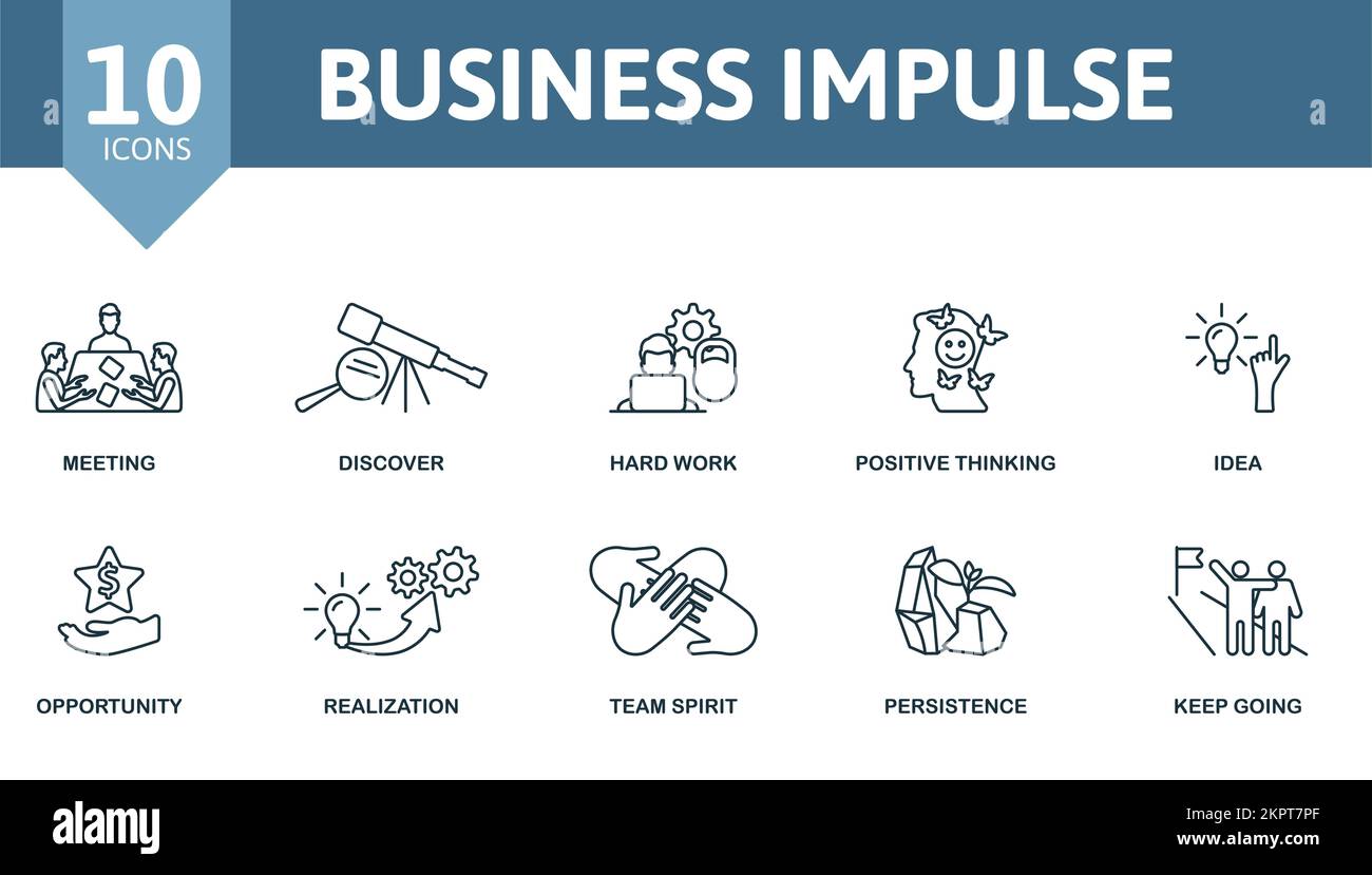 Business Impulse icon set. Monochrome simple Business Impulse icon collection. Meeting, Discover ...