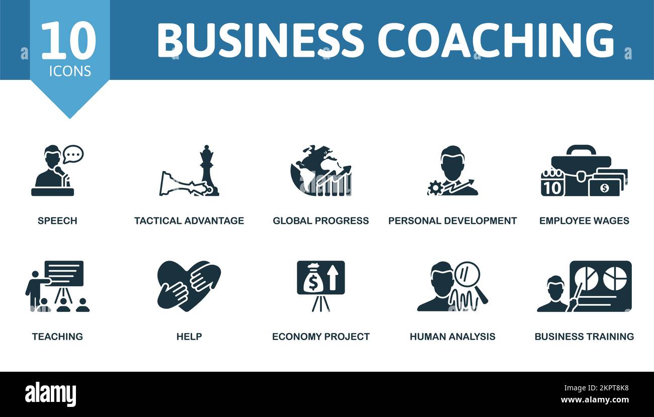 Business Coaching icon set. Monochrome simple Business Coaching icon collection. Speech ...