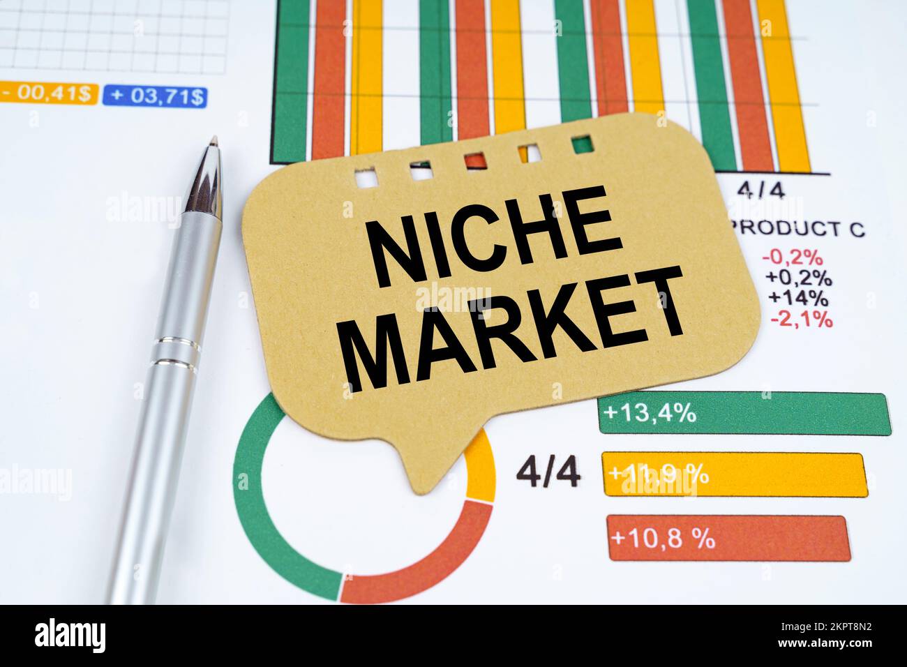 Business concept. On the business charts is a pen and a sign with the ...