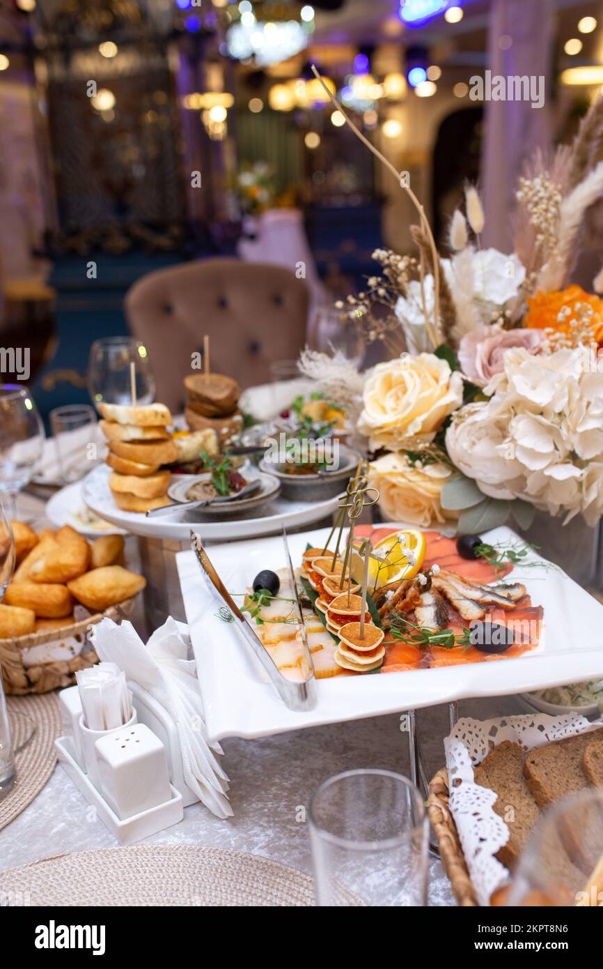caviar and fish meal with olives on the buffet table Stock Photo - Alamy