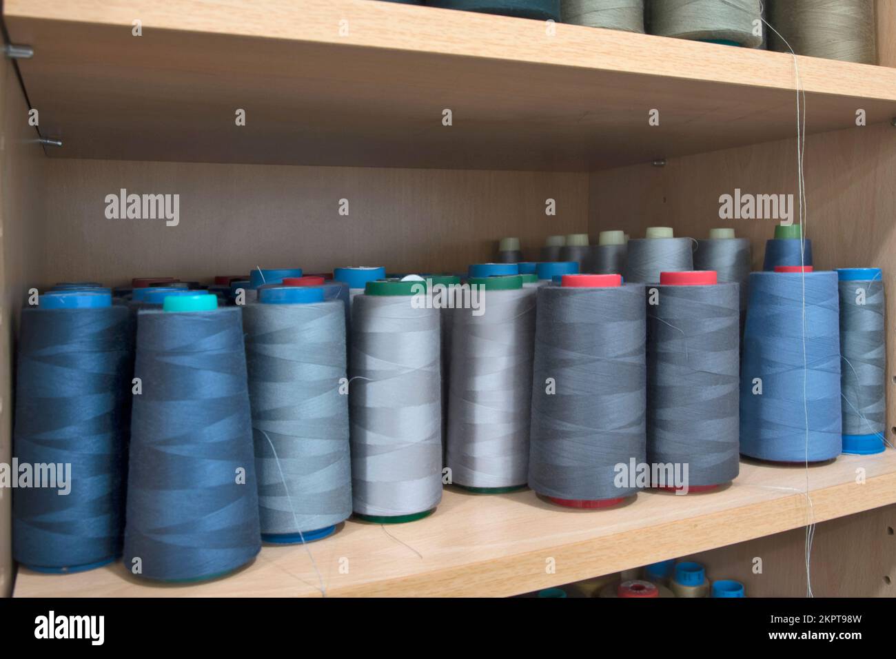 Sewing thread cones of different shade of colors on shelf in sewing ...