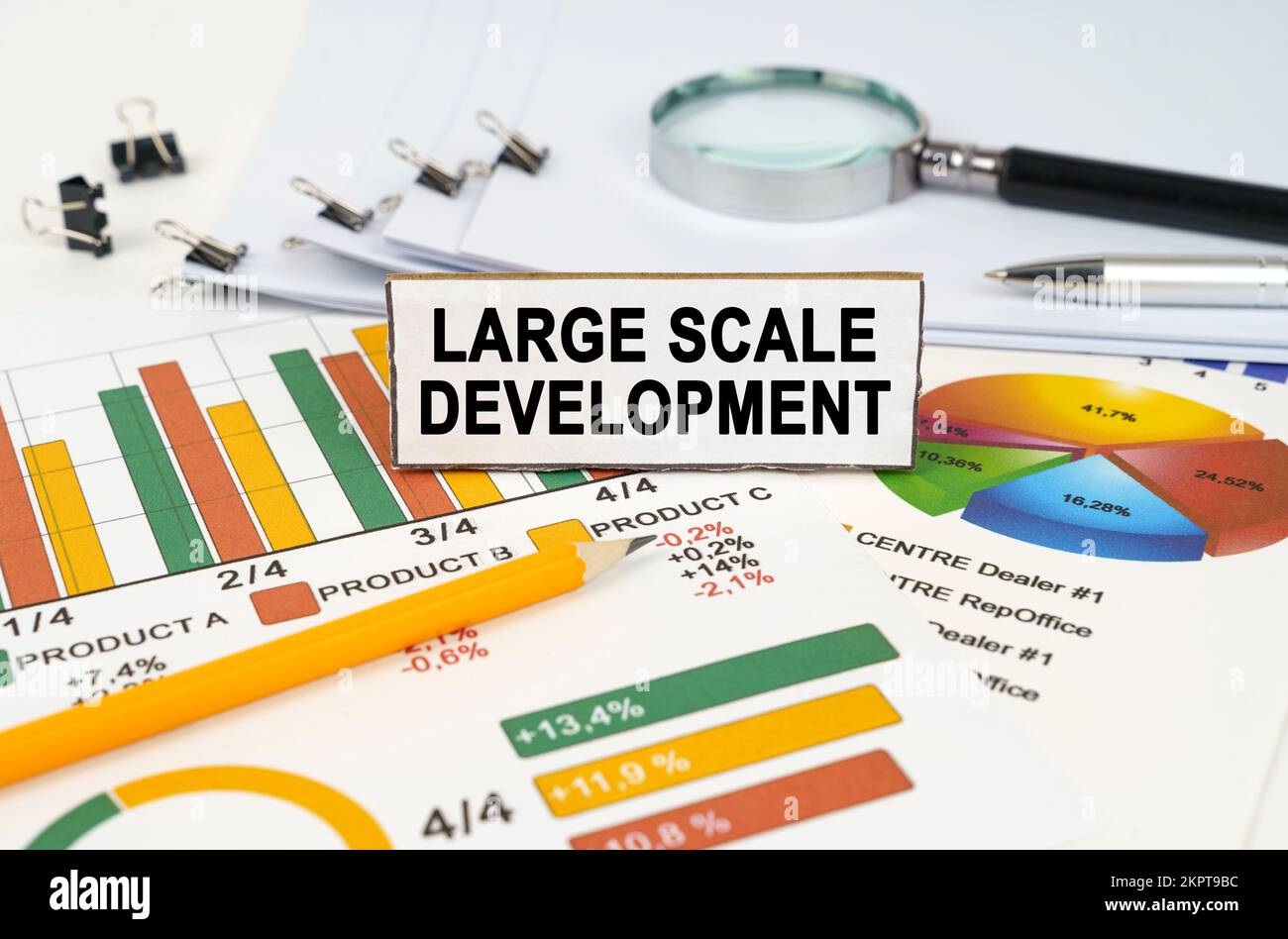 Business concept. On the business charts lies a magnifying glass, a pen ...