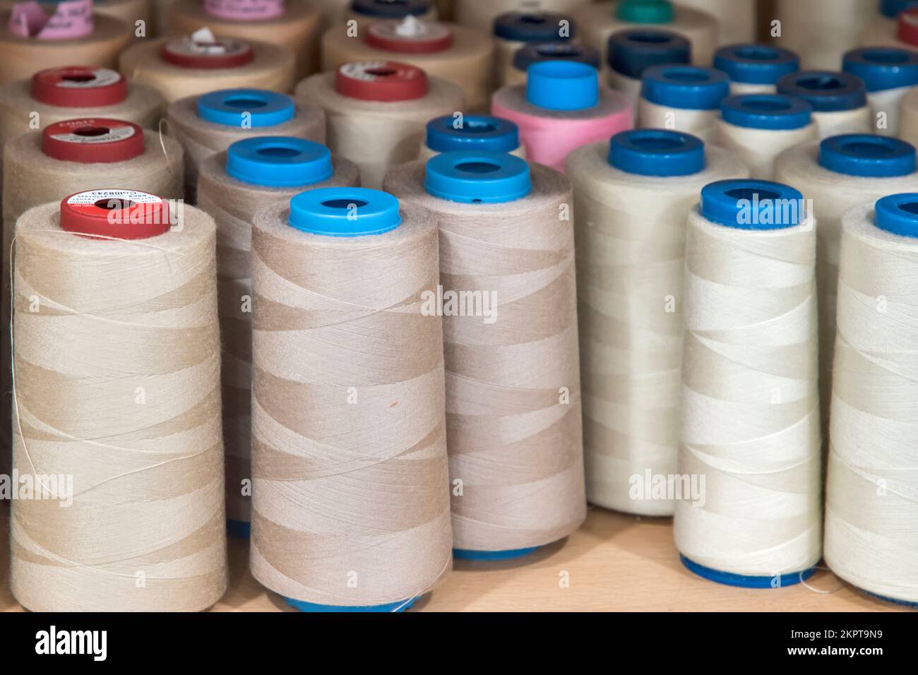 Sewing thread cones of different shade of colors on shelf in sewing ...