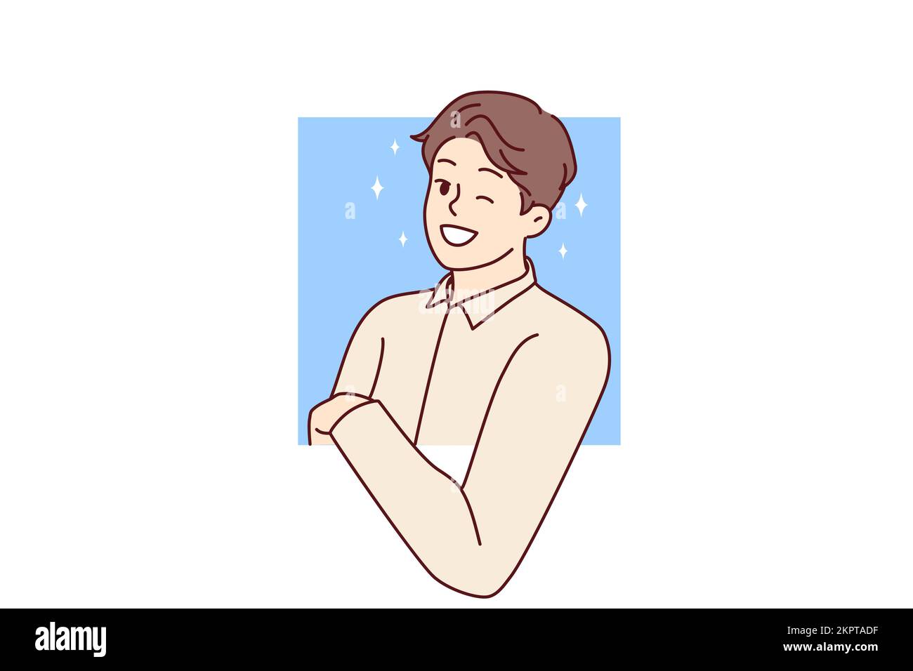 Smiling young man peeking from window. Happy guy look from hole feeling ...