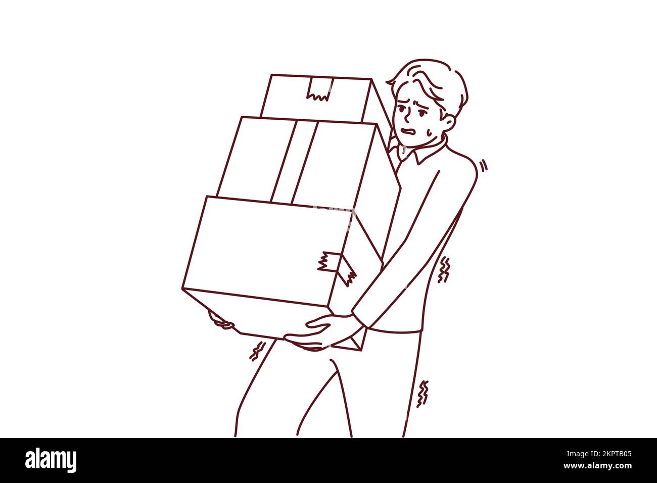 Tired young man carrying stack of boxes. Exhausted male carrier with ...
