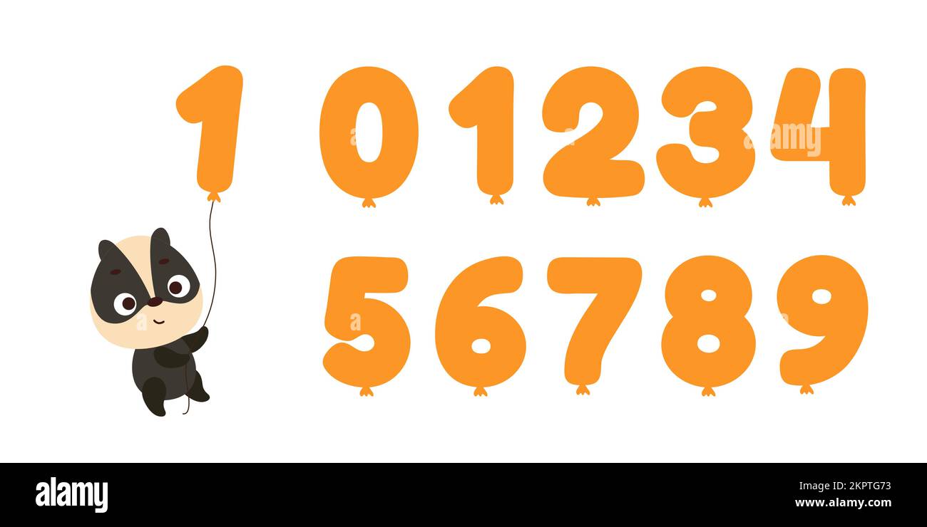 Cute little badger flying on balloon number on white background ...