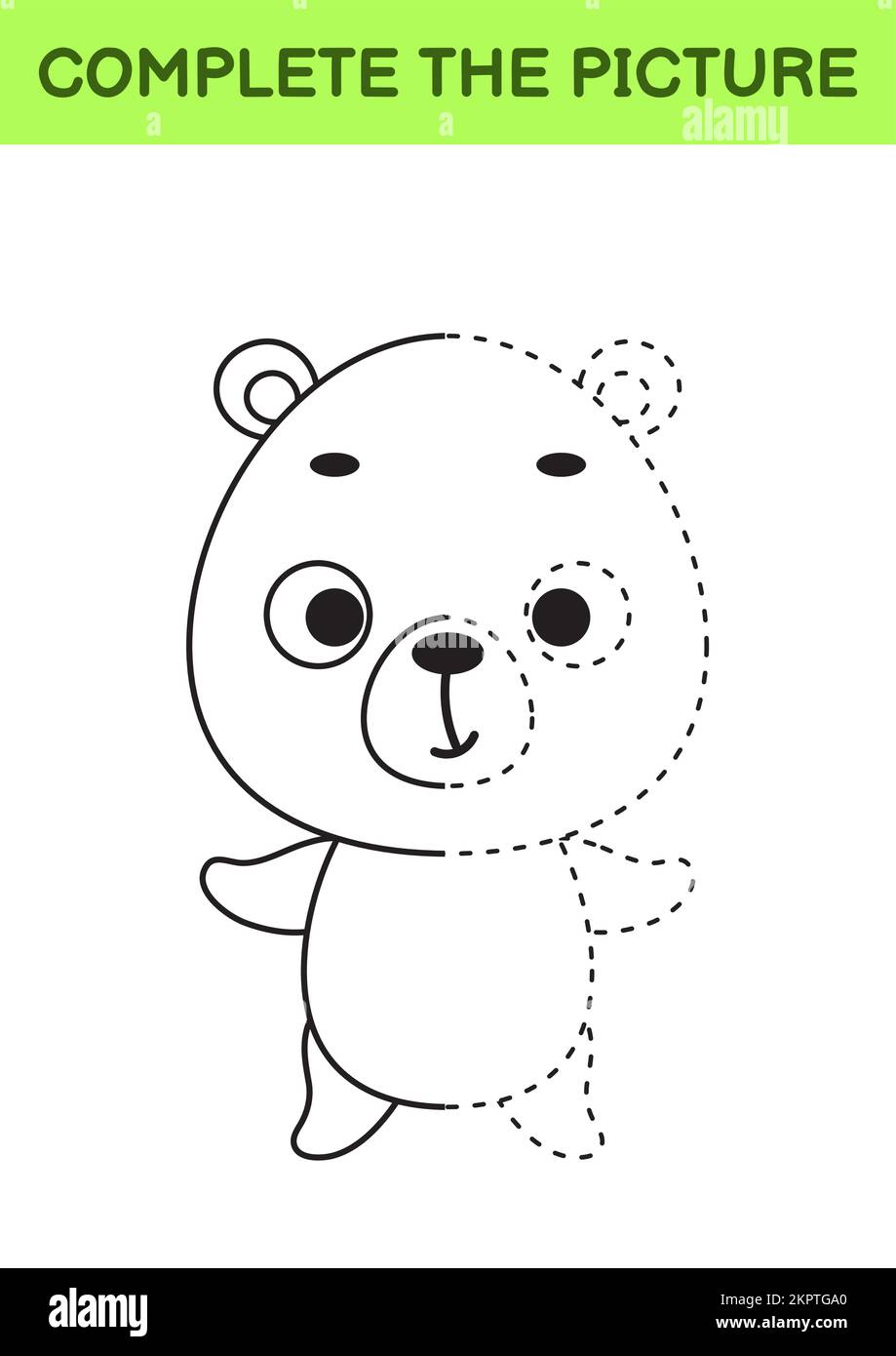 Complete drawn picture of cute bear. Coloring book. Dot copy game ...