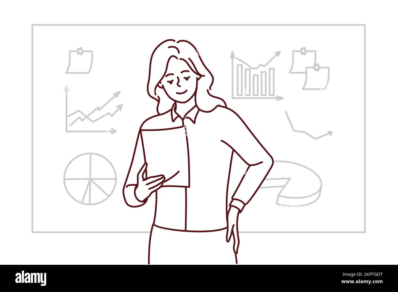 Businesswoman hold document make business presentation near board in ...