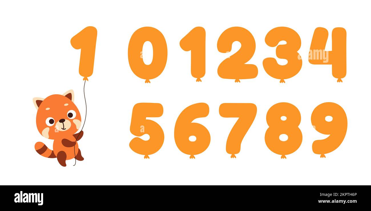 Cute little red panda flying on balloon number on white background ...