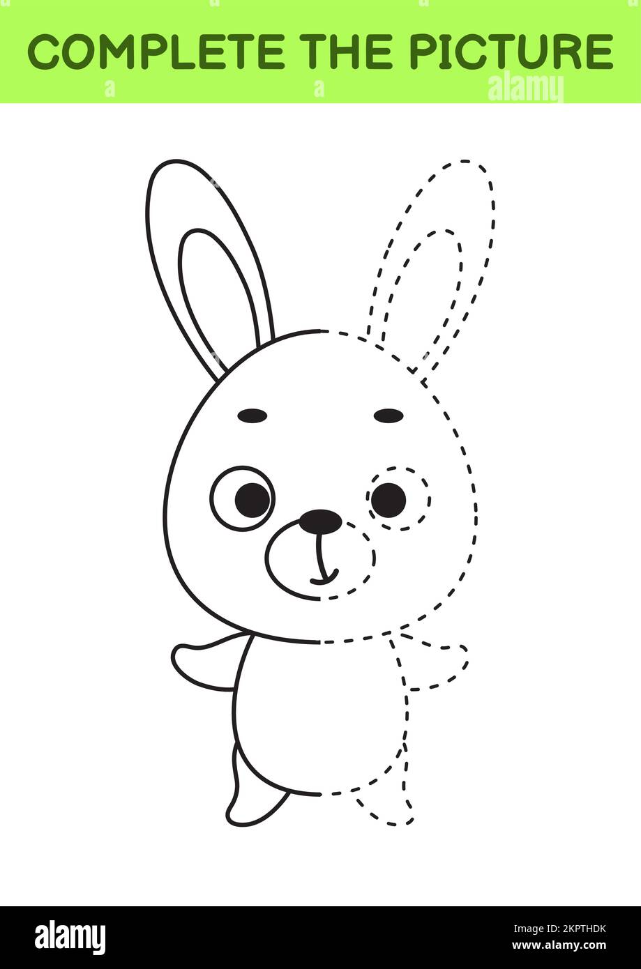 Complete drawn picture of cute hare. Coloring book. Dot copy game ...