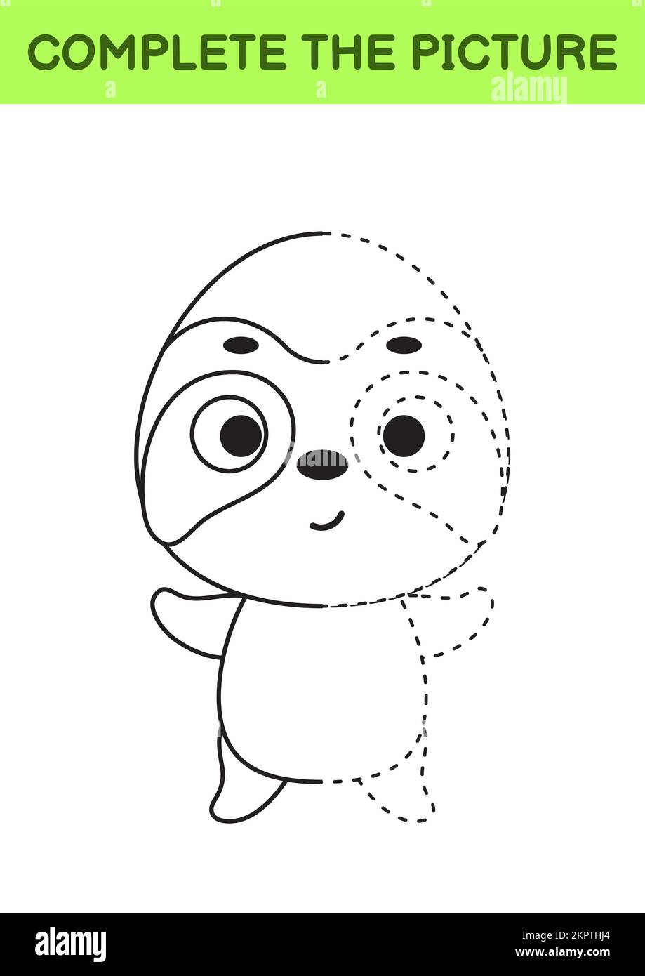 Complete drawn picture of cute sloth. Coloring book. Dot copy game ...