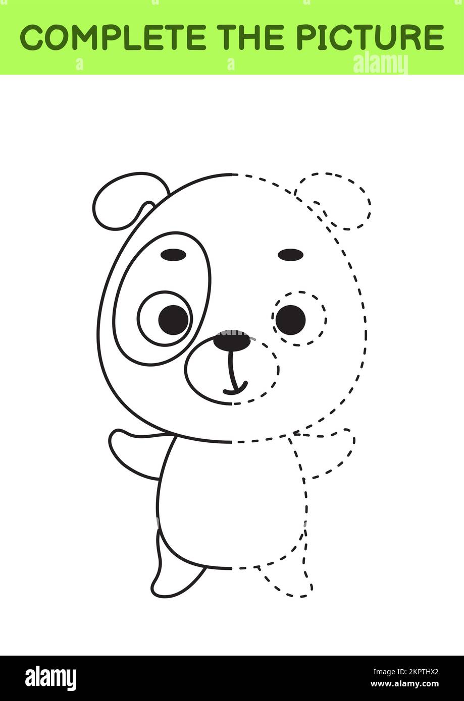 Complete drawn picture of cute dog. Coloring book. Dot copy game ...