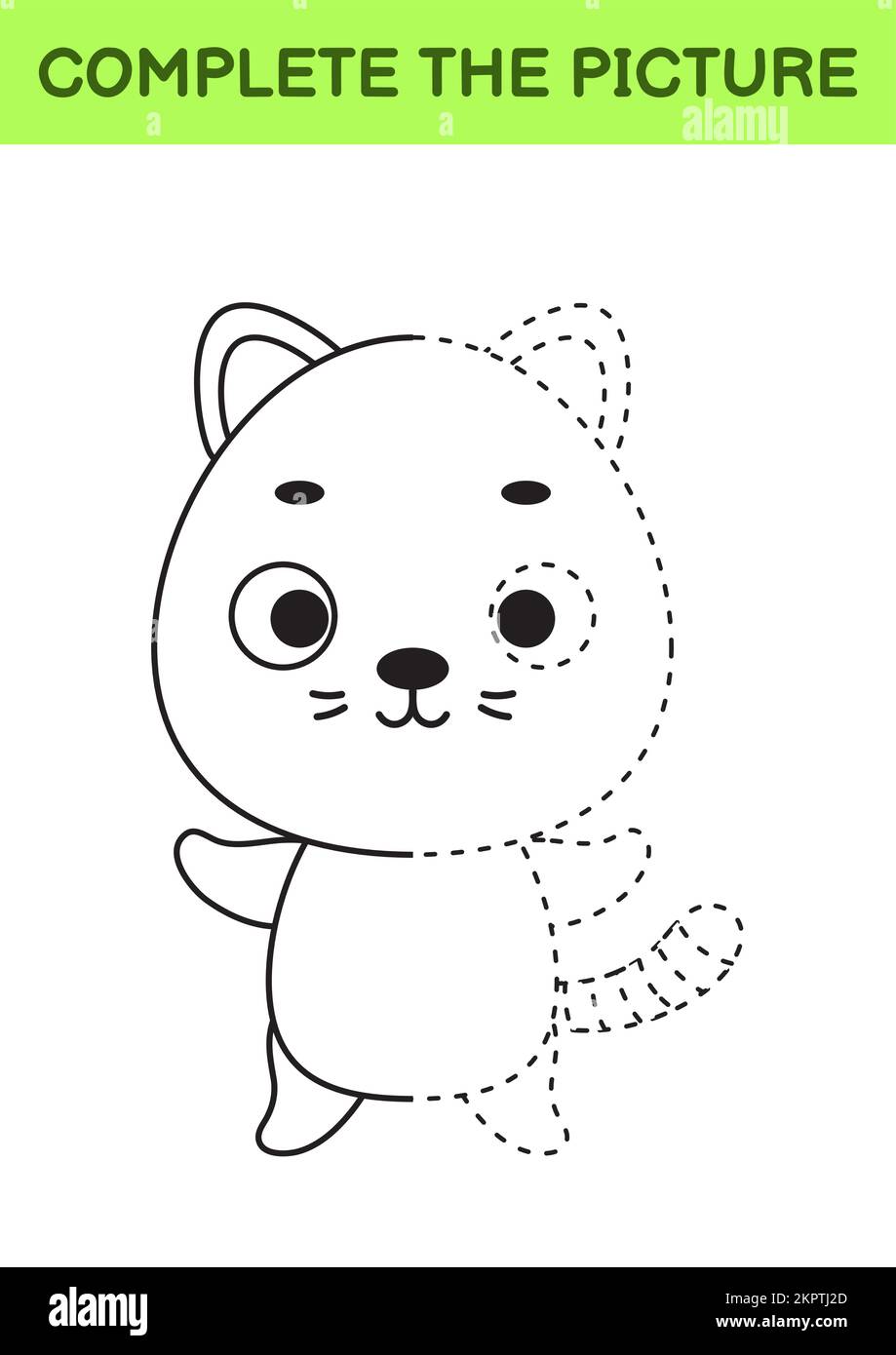Complete drawn picture of cute cat. Coloring book. Dot copy game ...