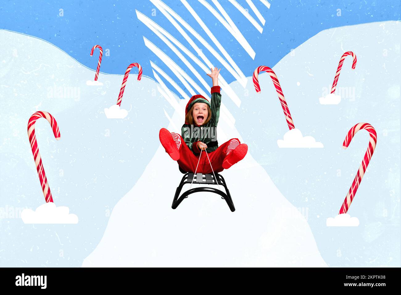 Creative collage picture of excited overjoyed girl have fun sledding ...