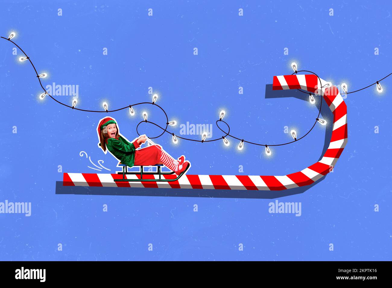 Creative collage portrait of excited funky mini girl elf costume ...