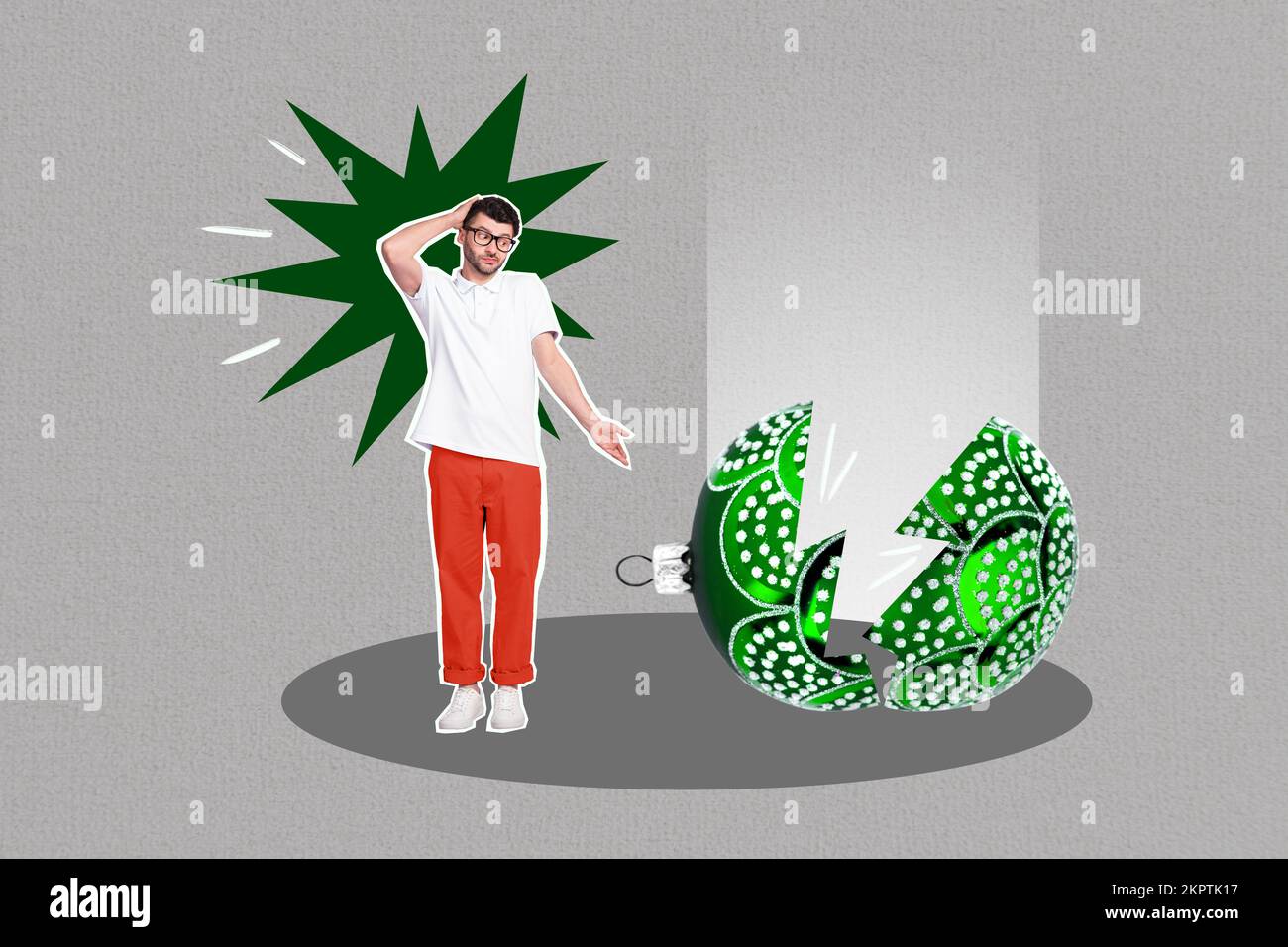 Creative collage image of guilty mini guy hand scratch head big broken ...