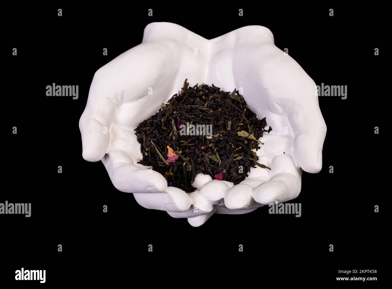 Beautiful female hands hold raw unbrewed tea and offer to try it. Dry ...