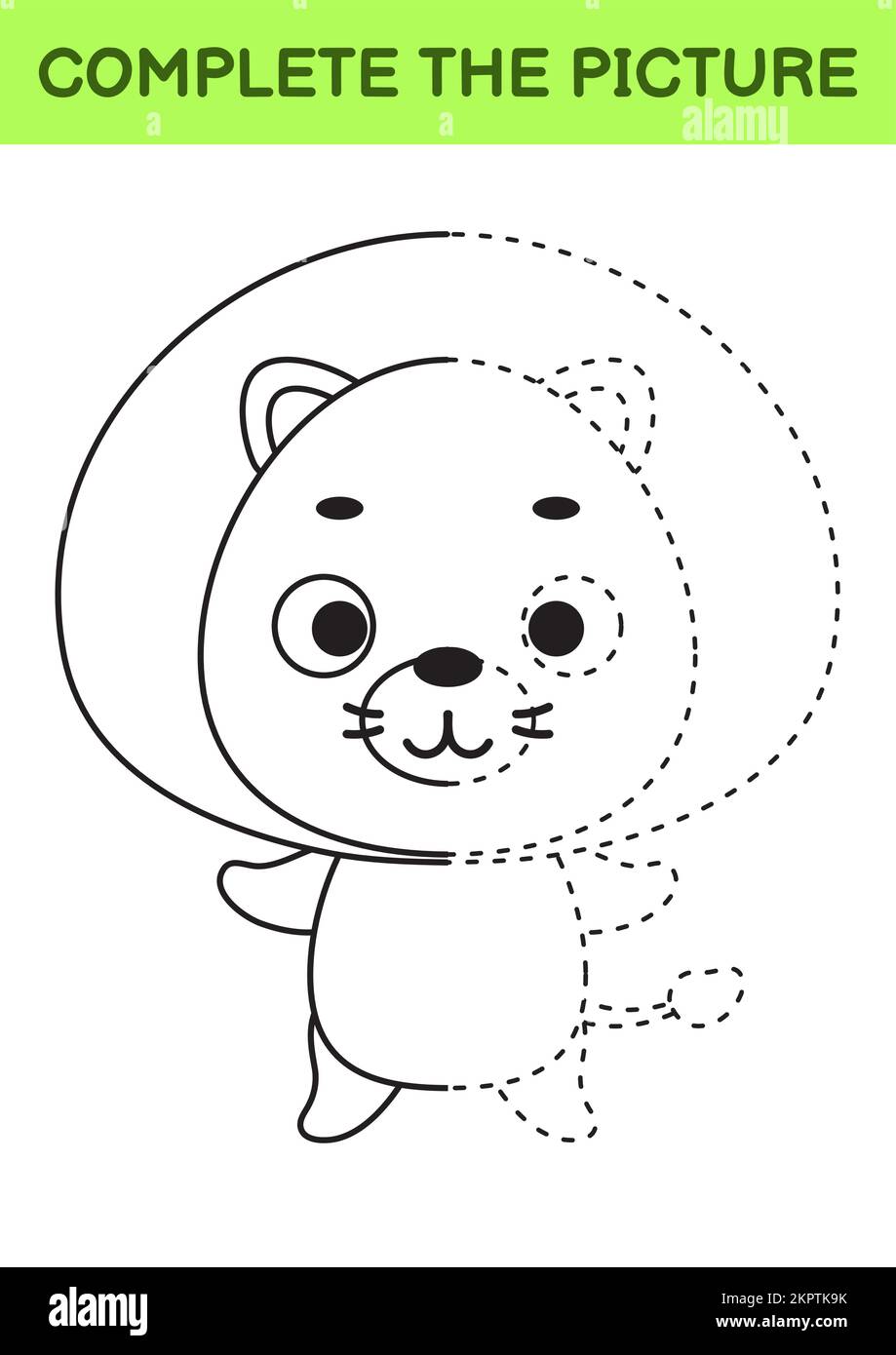 Complete drawn picture of cute lion. Coloring book. Dot copy game ...