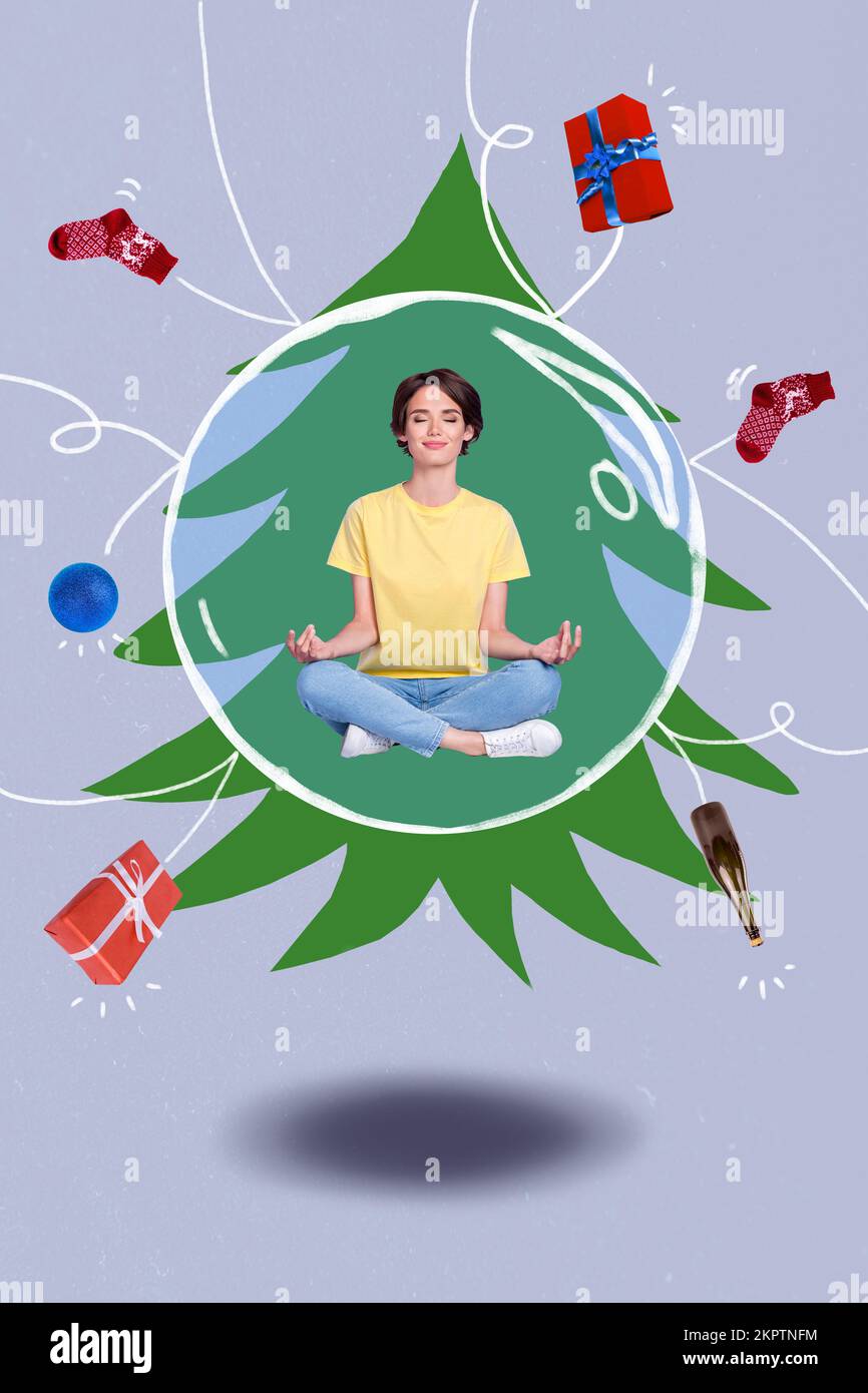 Vertical collage of focused peaceful girl inside soap bubble meditate ...