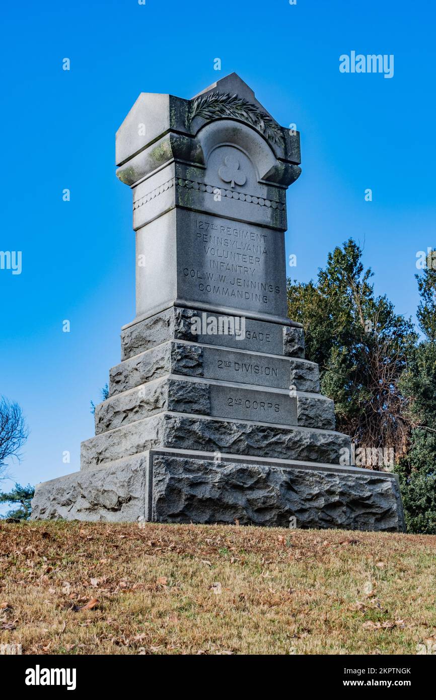 Monument to the 127th Pennsylvania Regiment, Fredericksburg National Cemetery, Virginia USA ...