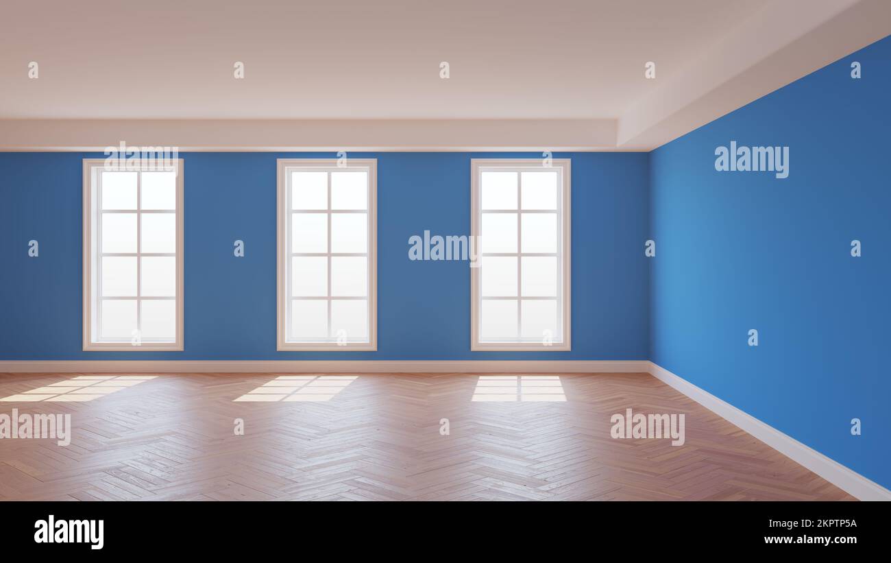 Blue Empty Room with a White Ceiling and Cornice, Glossy Herringbone ...