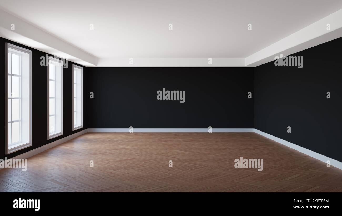 Empty Interior with Black Walls, White Ceiling and Cornice, Three Large ...