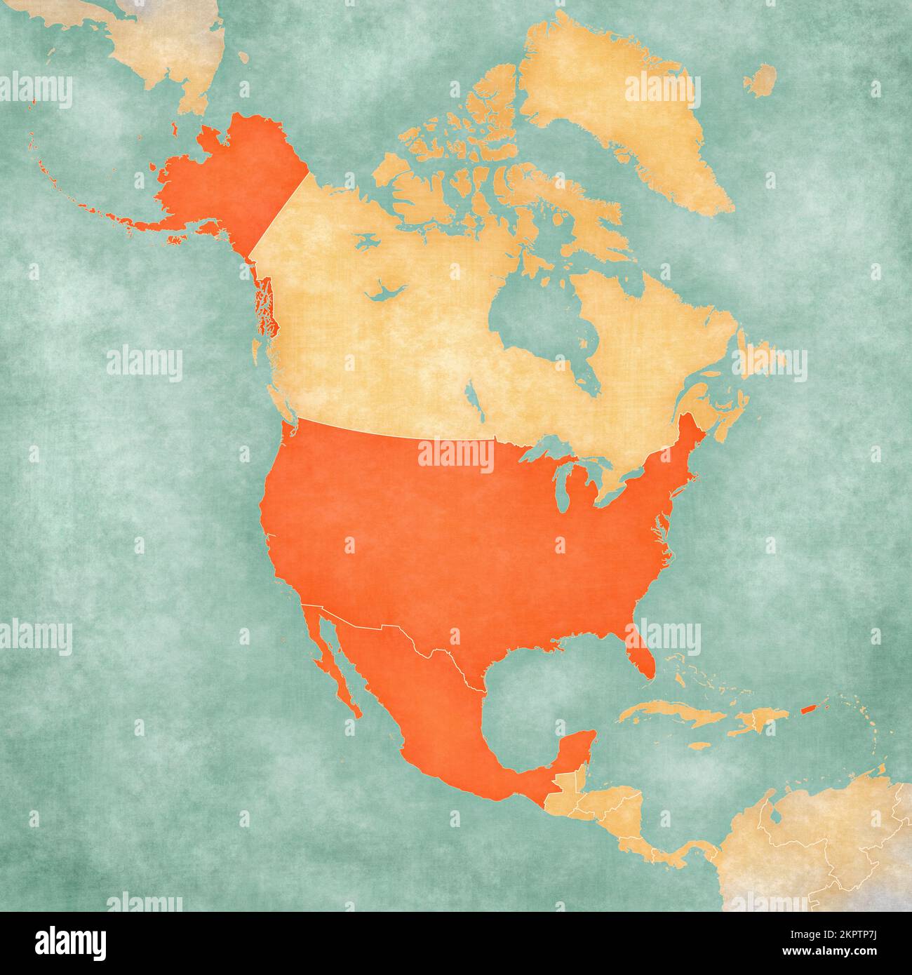 USA and Mexico on the map of North America in soft grunge and vintage ...