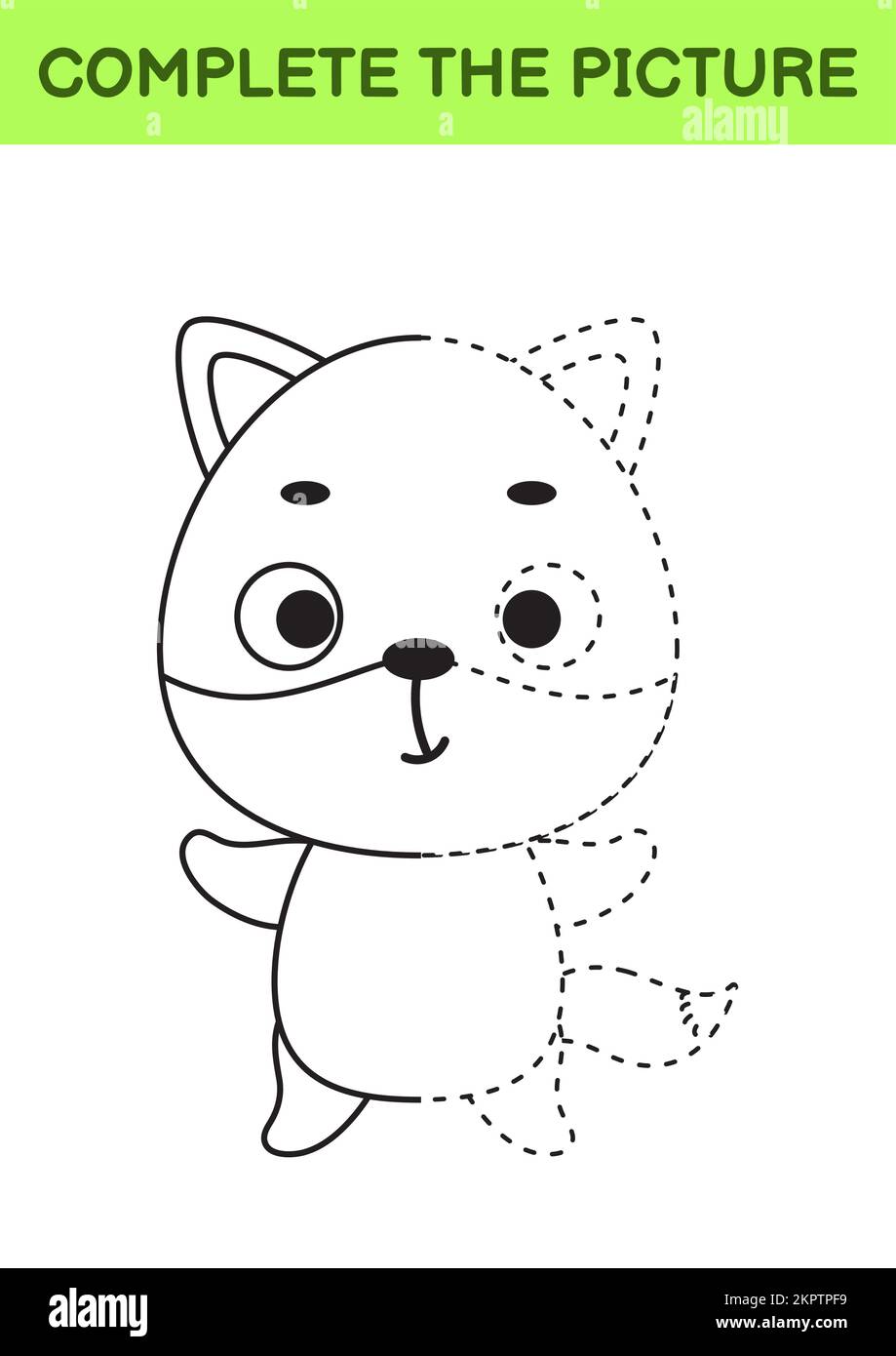 Complete drawn picture of cute fox. Coloring book. Dot copy game ...