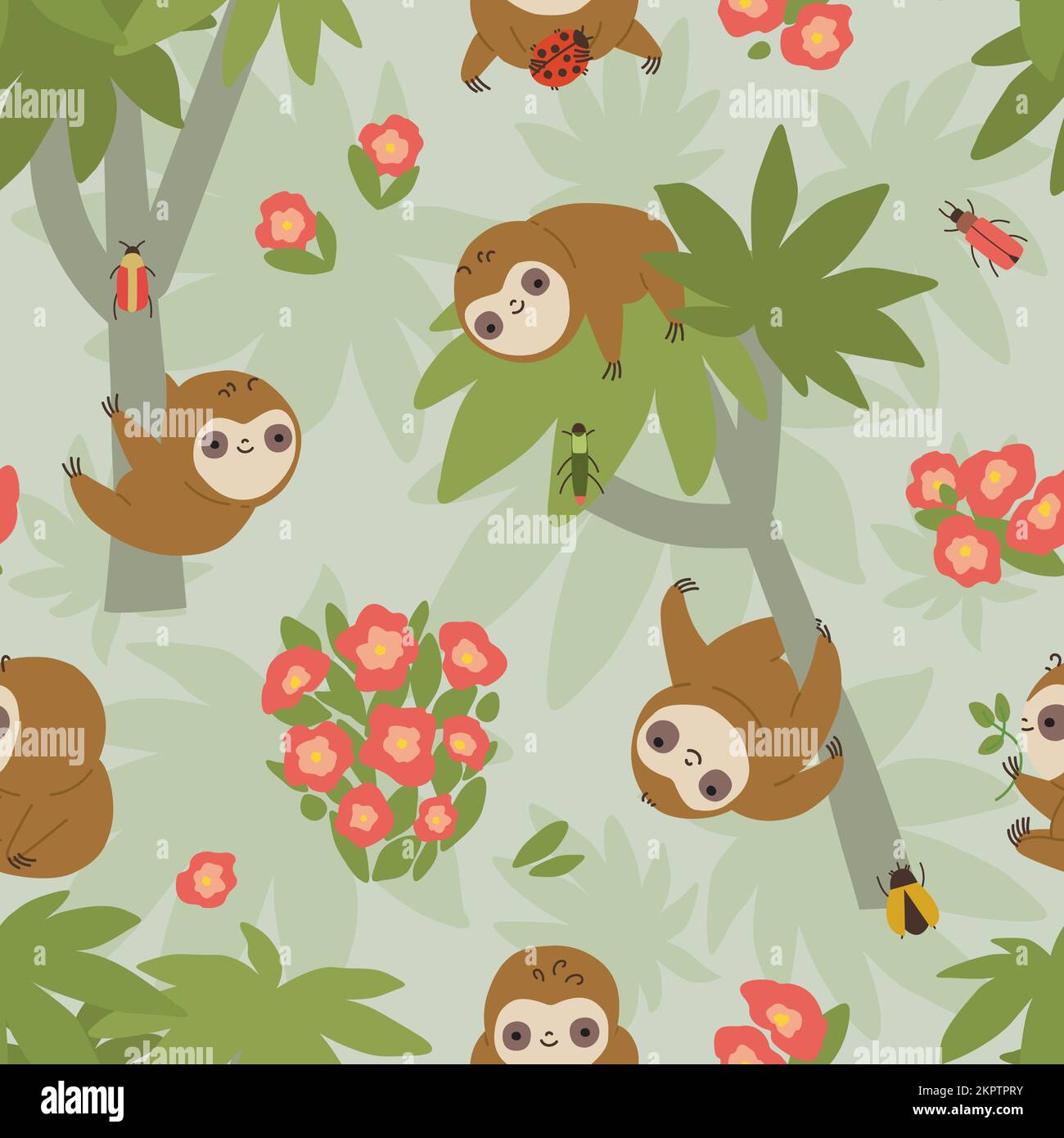 Little sloth seamless pattern. Hand drawn wild animals on the tree ...