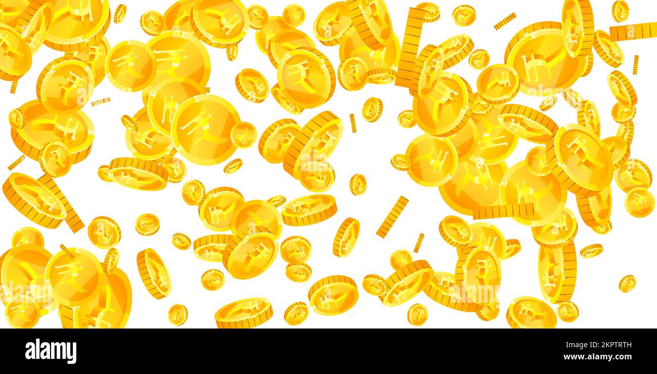 Indian rupee coins falling. Scattered gold INR coins. India money ...