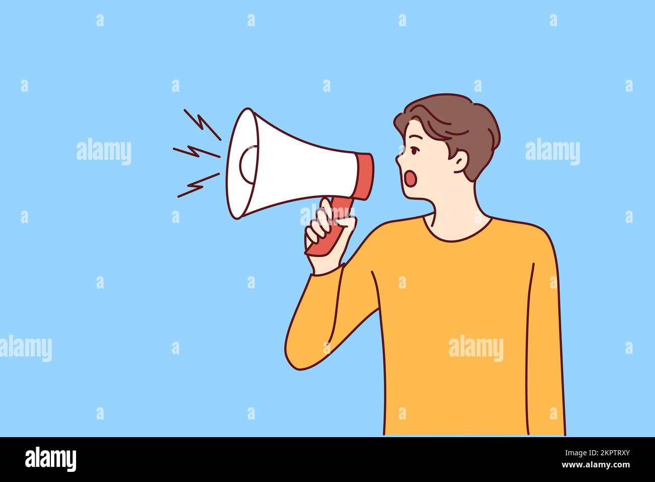 Young man with loudspeaker shouting about deal or promotion. Male hold ...