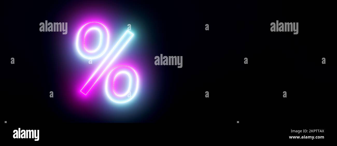 neon percent symbol, 3d render, seasonal sales and discounts, panoramic ...