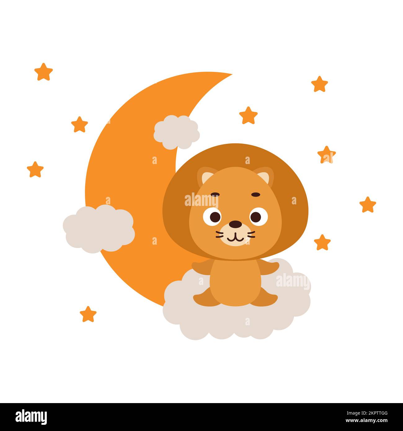 Cute little lion sitting on cloud. Cartoon animal character for kids t ...
