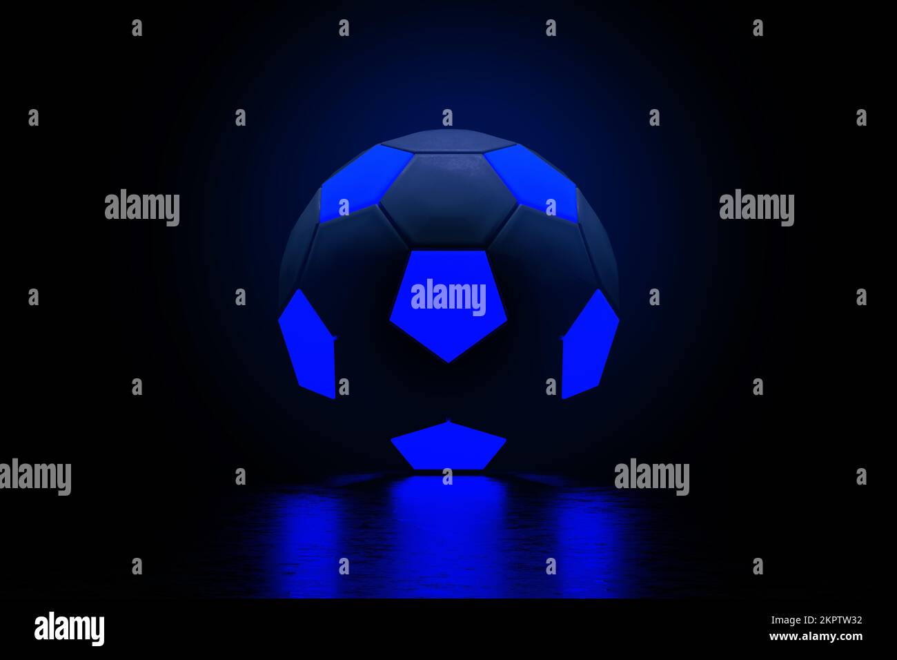 Soccer ball with blue glowing neon lights over dark background, 3d ...