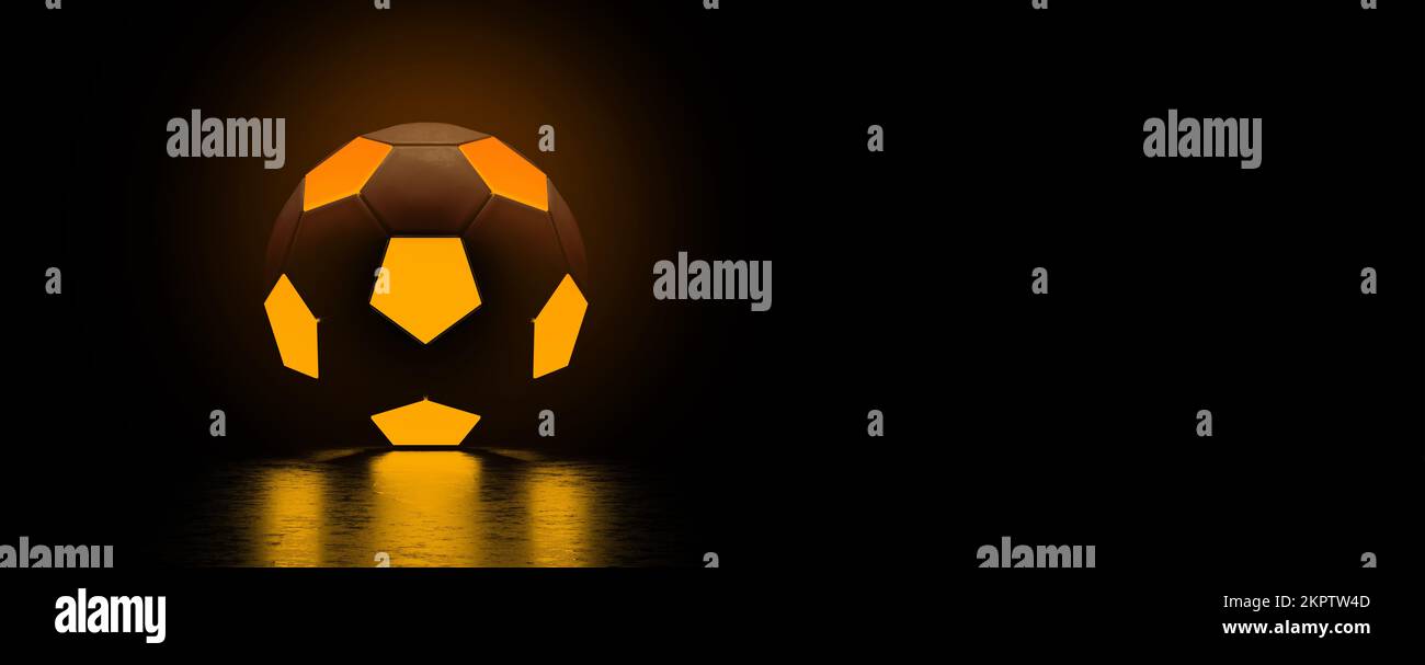 Soccer ball with orange glowing neon lights over dark background, 3d ...