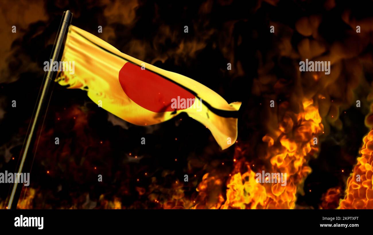 flag of Japan on burning fire backdrop - hard times concept - abstract ...