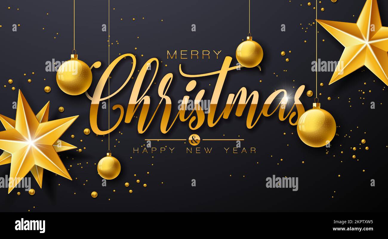 Merry Christmas and Happy New Year Illustration with Gold Glass Ball ...