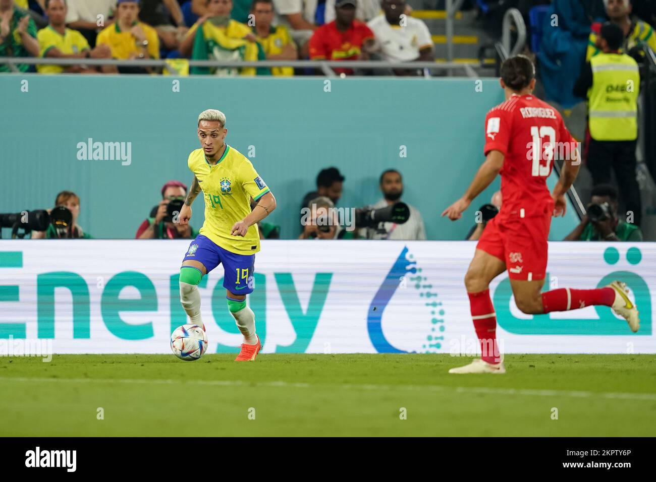 DOHA, QATAR - NOVEMBER 28: Player of Brazil Antony drives the ball ...