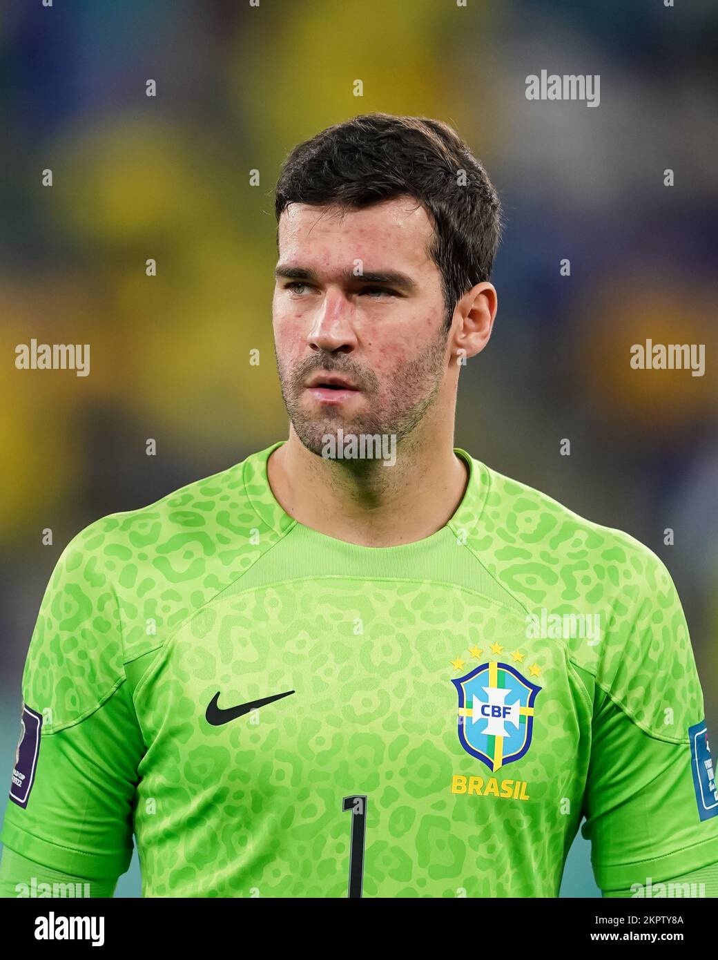 DOHA, QATAR - NOVEMBER 28: Player of Brazil Alisson sings the national ...