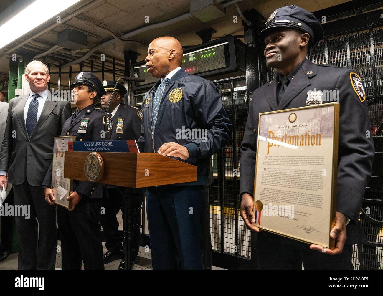 Mayor Eric Adams speaks at PO Taufique Bokth, PO Brunel Victor ...