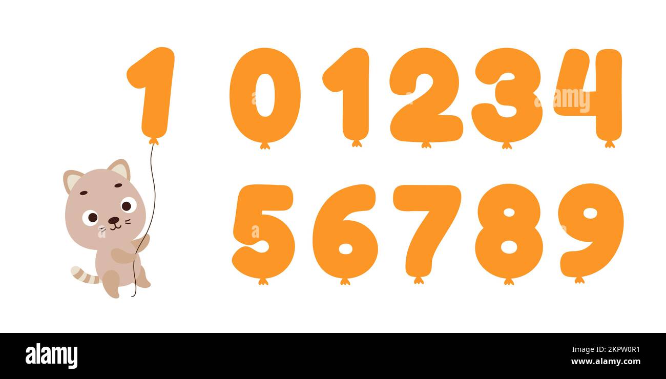 Cute little cat flying on balloon number on white background. Cartoon ...
