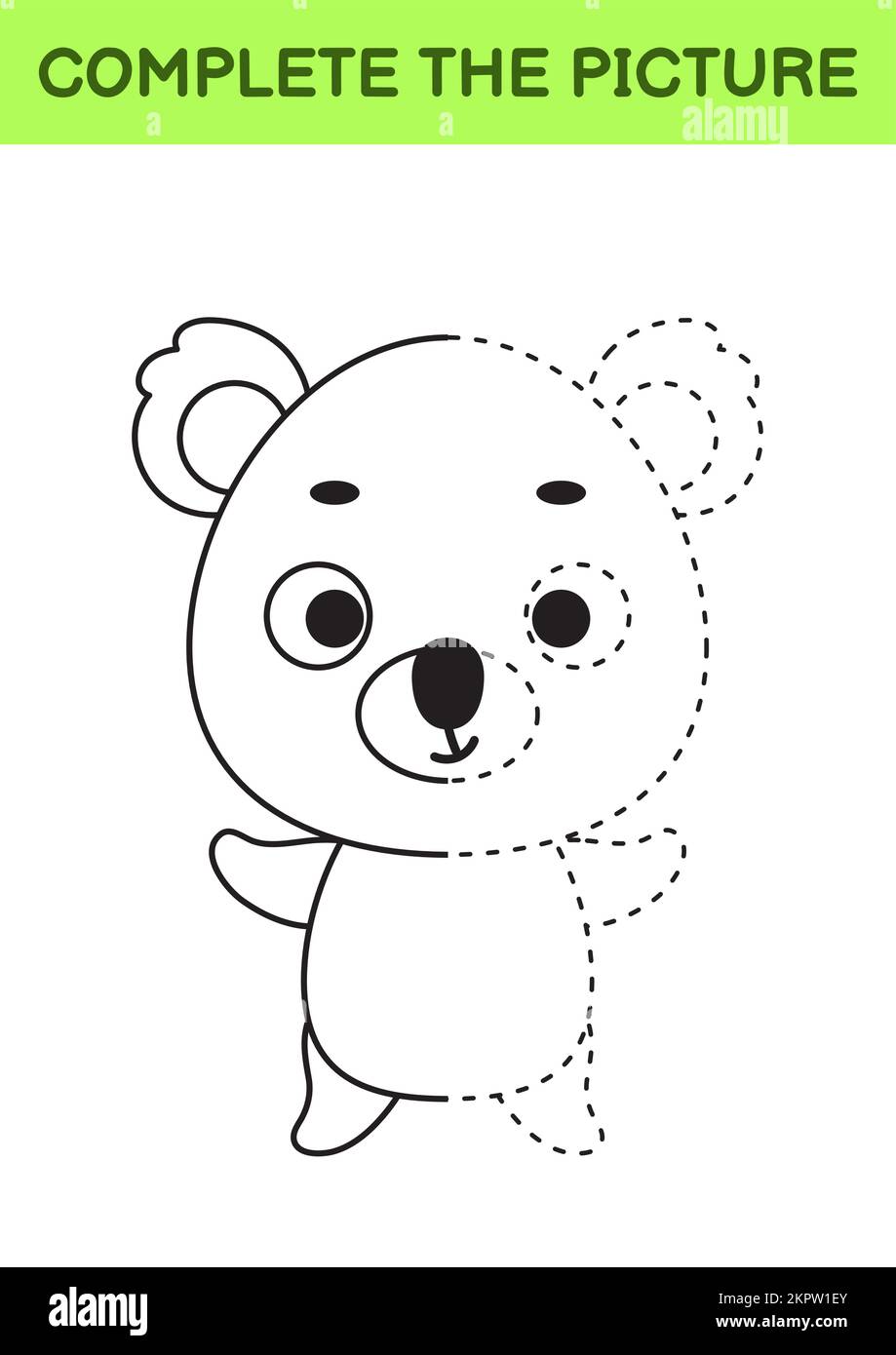 Complete drawn picture of cute koala. Coloring book. Dot copy game ...