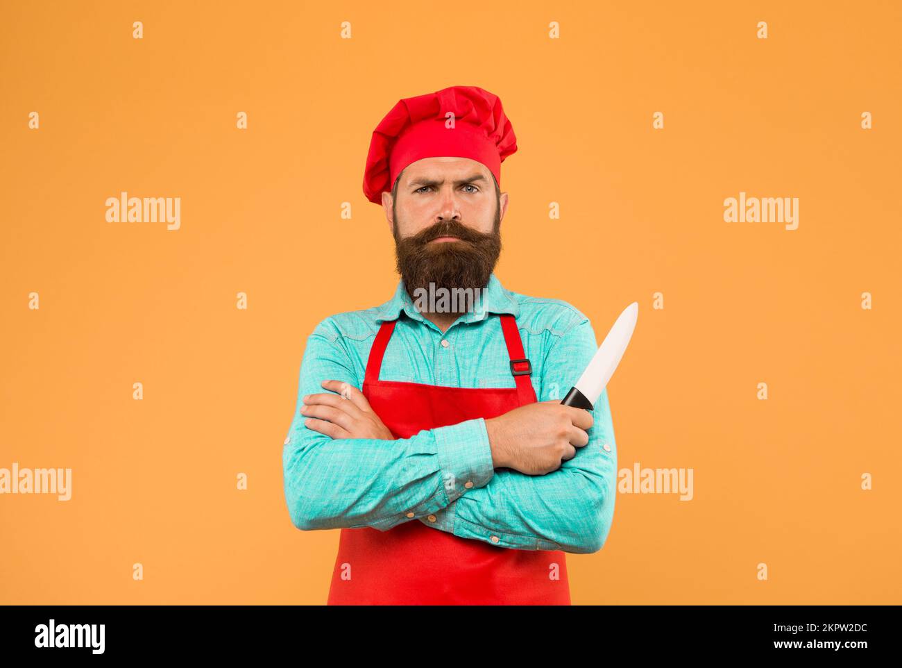 Hipster cook hat and apron lot of chopping and dicing in kitchen Stock ...