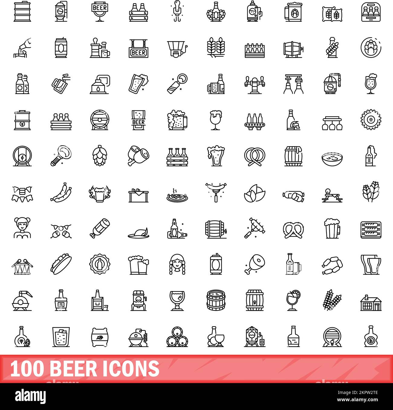 100 beer icons set. Outline illustration of 100 beer icons vector set ...