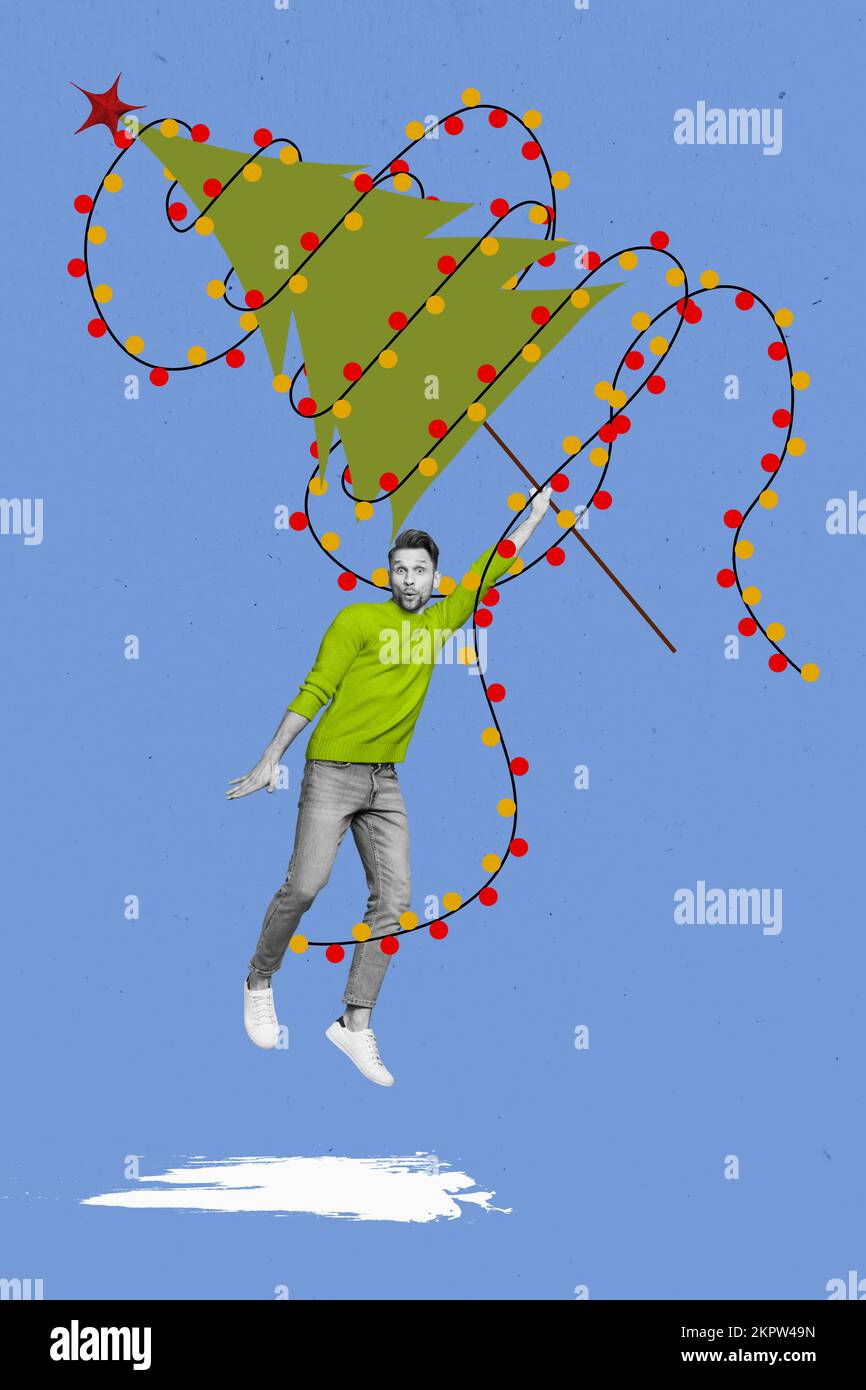 Collage photo poster of young overjoyed santa claus helper guy jumping ...