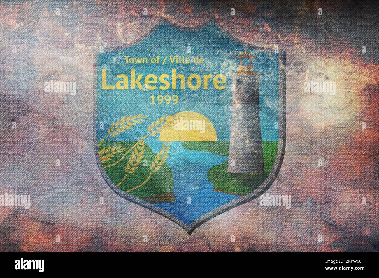 Top view of retro flag Lakeshore, Ontario Canada with grunge texture ...