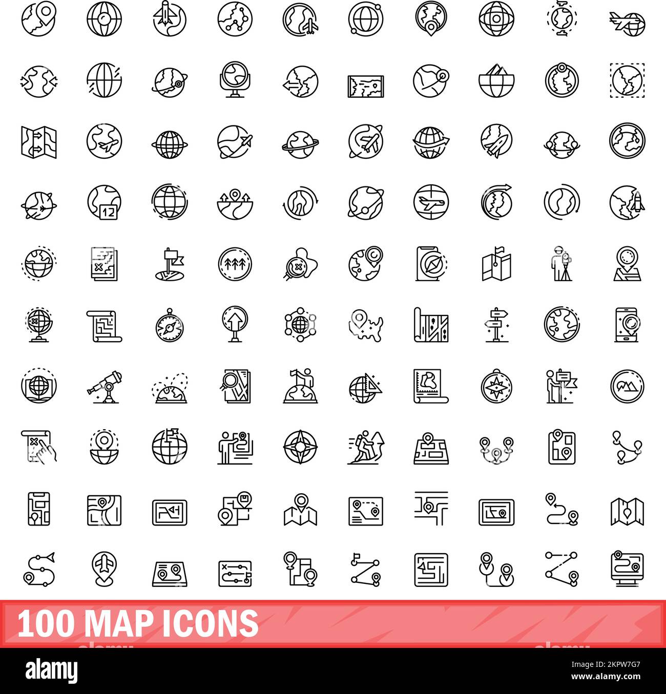 100 map icons set. Outline illustration of 100 map icons vector set ...